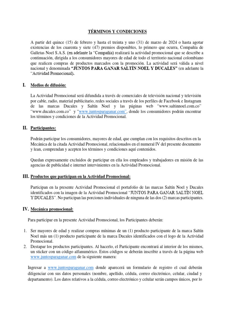 Terminos y Condiciones Promo Saltin Noel y Ducales 2024 VF | PDF | Sitios web | Propiedad ...