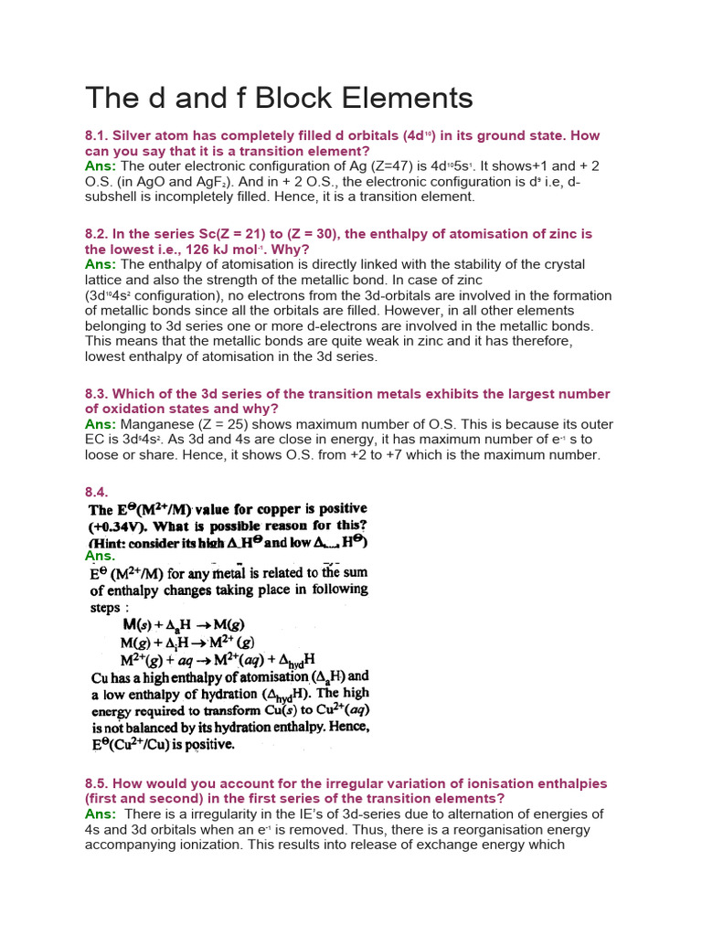 The D and F Block Elements | PDF | Transition Metals | Electron Configuration