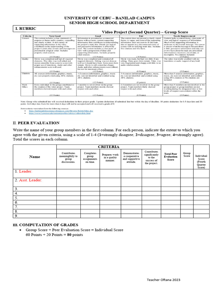 Video Project Rubric Peer Evaluation | PDF