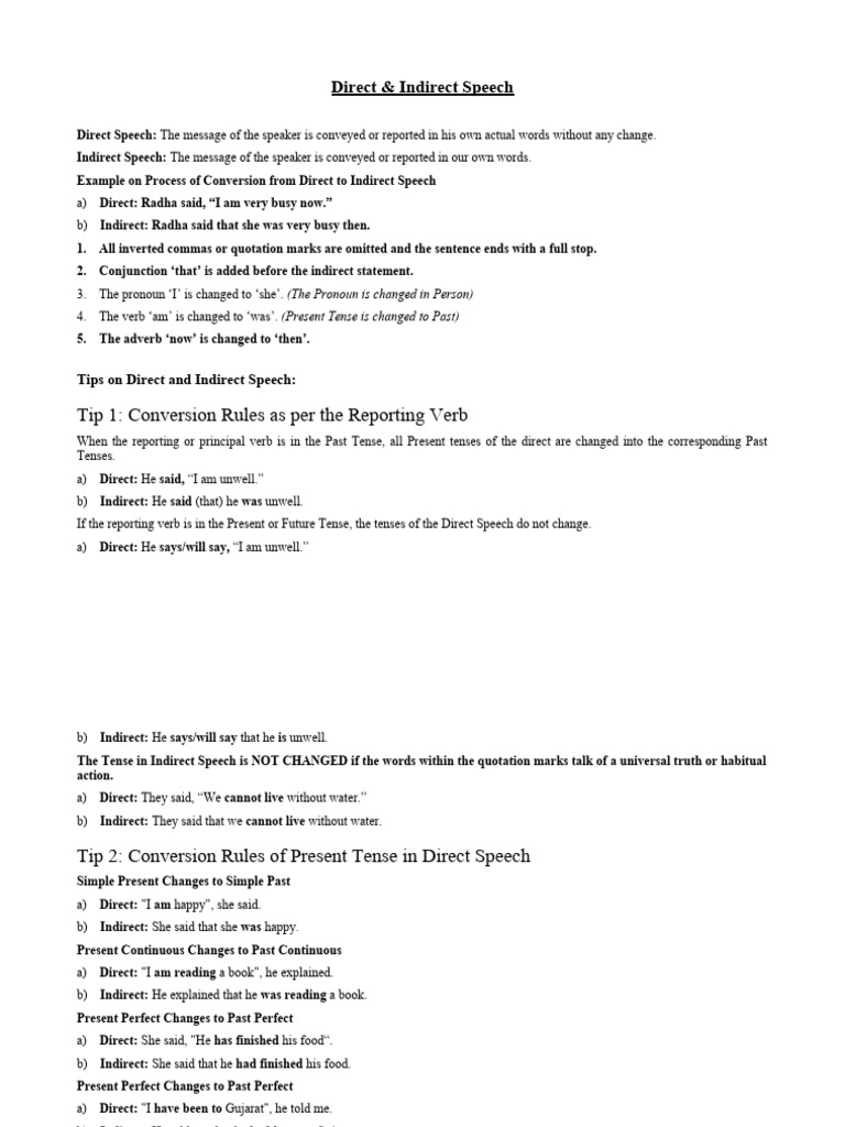 Direct Indirect Speech | PDF | Grammatical Tense | Comma
