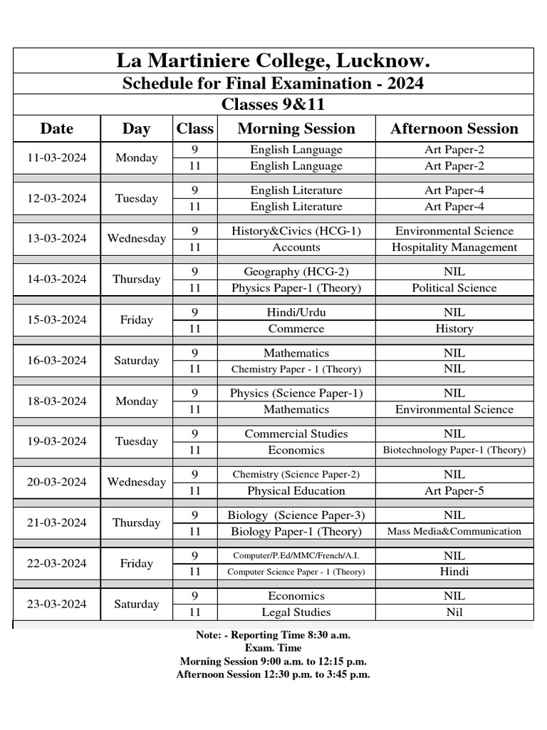 Schedule For Final Exam-2024 (Classes-9&11) | PDF | Science