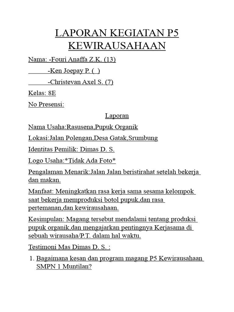 Laporan Kegiatan P5 Kewirausahaan | PDF