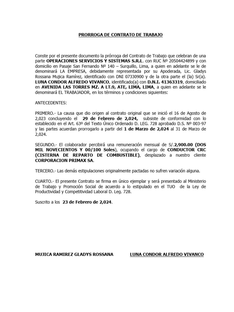 Prórroga de Contrato de Trabajo 2024 | PDF | Derecho