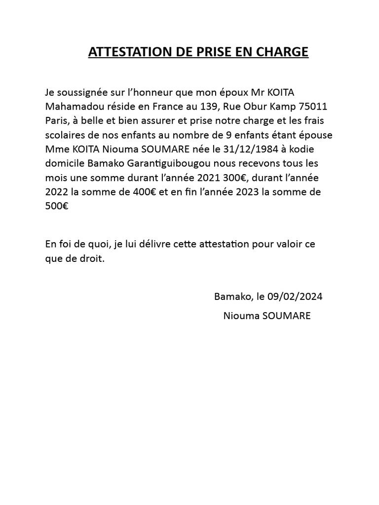 Attestation de Prise en Charge | PDF