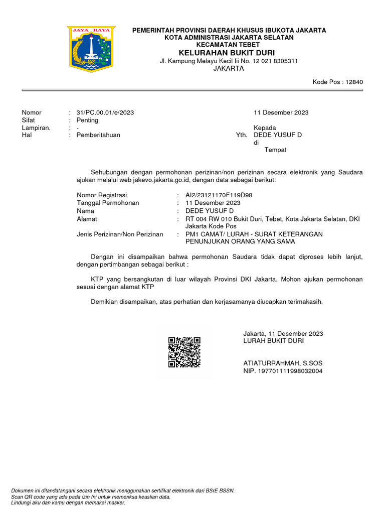 PM1 Camat Lurah - SURAT KETERANGAN PENUNJUKAN ORANG YANG SAMA | PDF