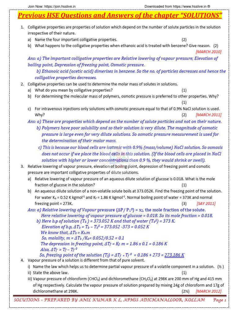 Hsslive Xi Chem Pyq Ans 1. Solutions | PDF | Chemistry | Physical Sciences