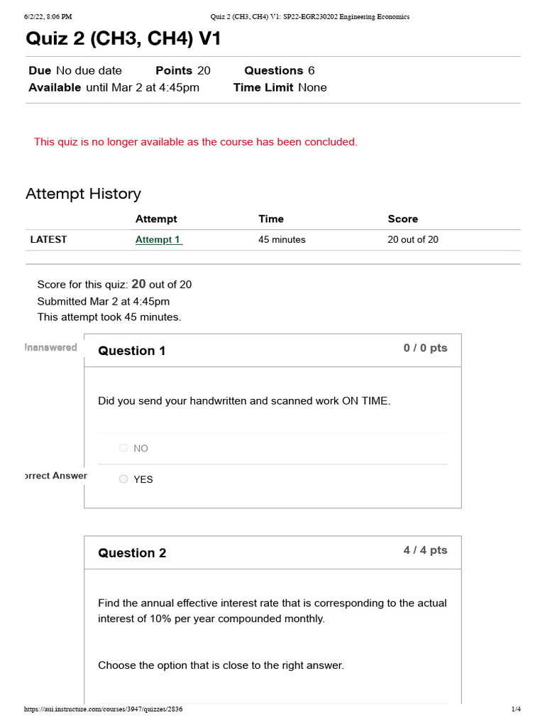 Quiz 2 (CH3, CH4) V1 - SP22-EGR230202 Engineering Economics | PDF | Economies