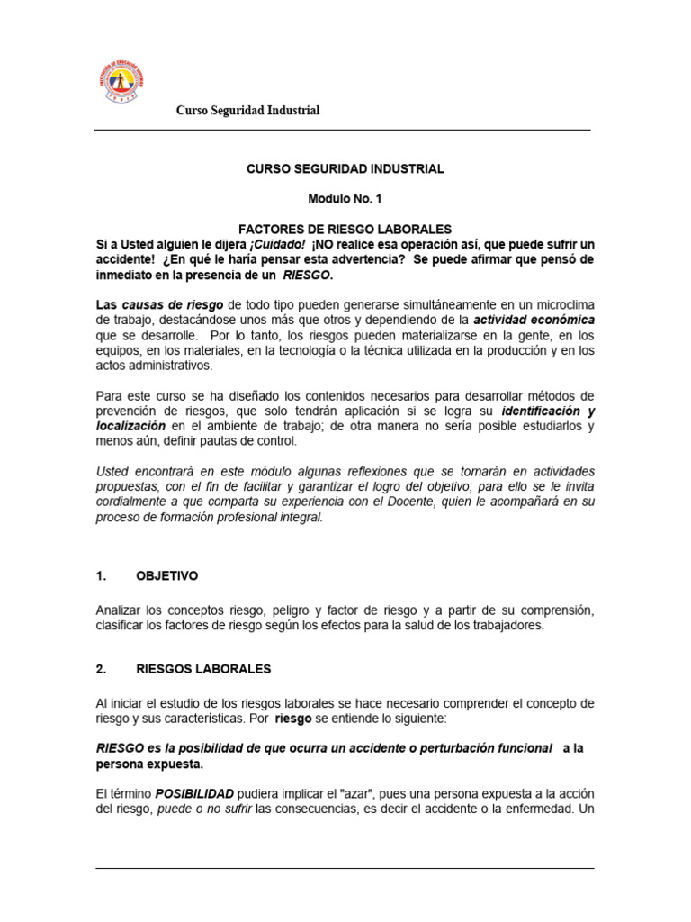 MODULO 1 Factores de Riesgos Laborales | PDF | Riesgo | Seguridad y ...
