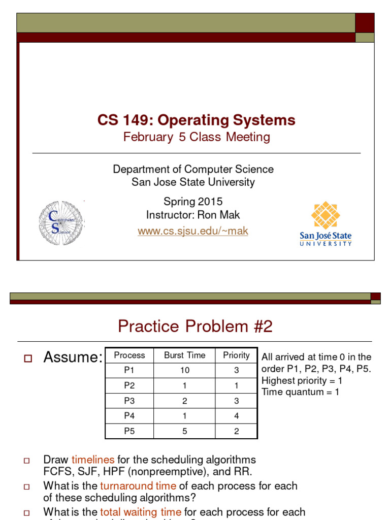 Cs 149 Operating Systems February 5 Class Meeting Pdf Thread Computing Scheduling 