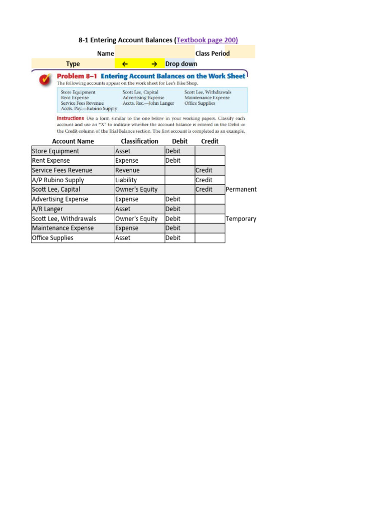 8-1 Entering Account Balances (: Name Class Period Type Drop Down | PDF ...