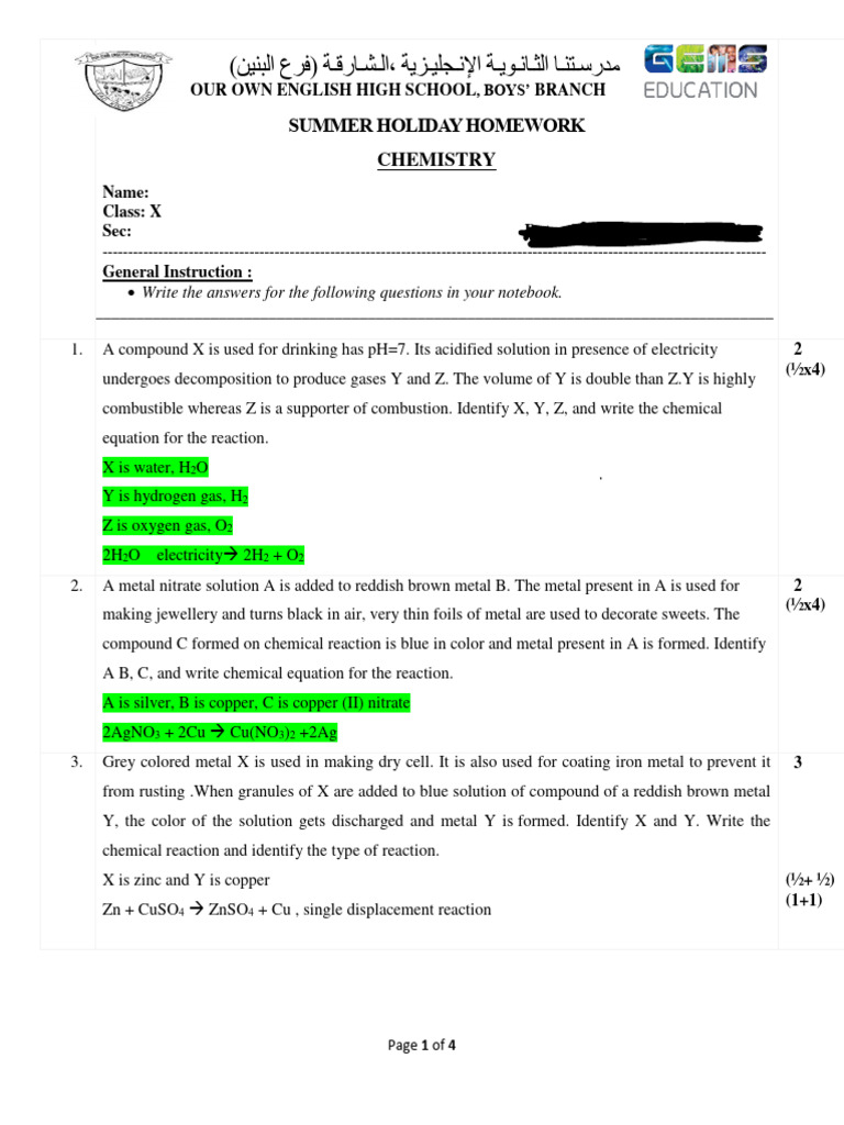 GR 10-Chemistry - Summer HHW - Answers | PDF | Sodium Chloride | Chlorine