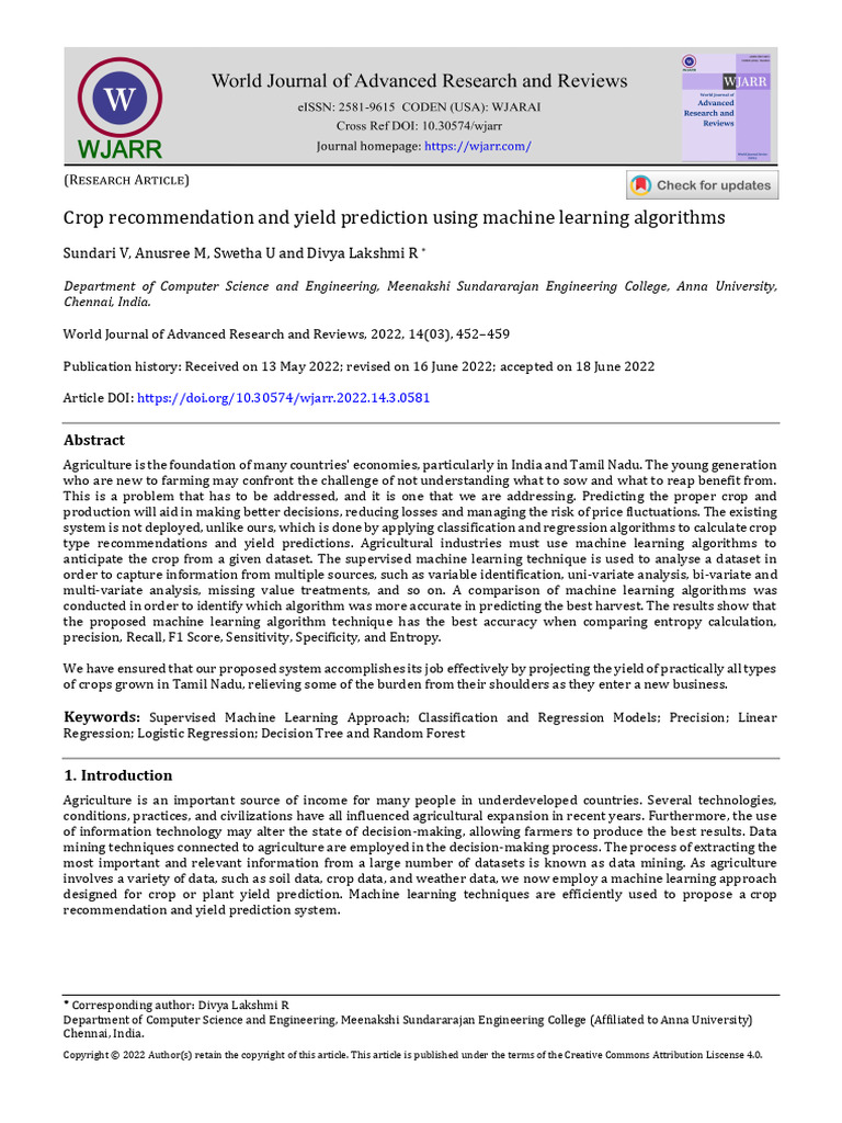 Yield Prediction Using Machine Learning | PDF | Machine Learning | Dependent And Independent ...