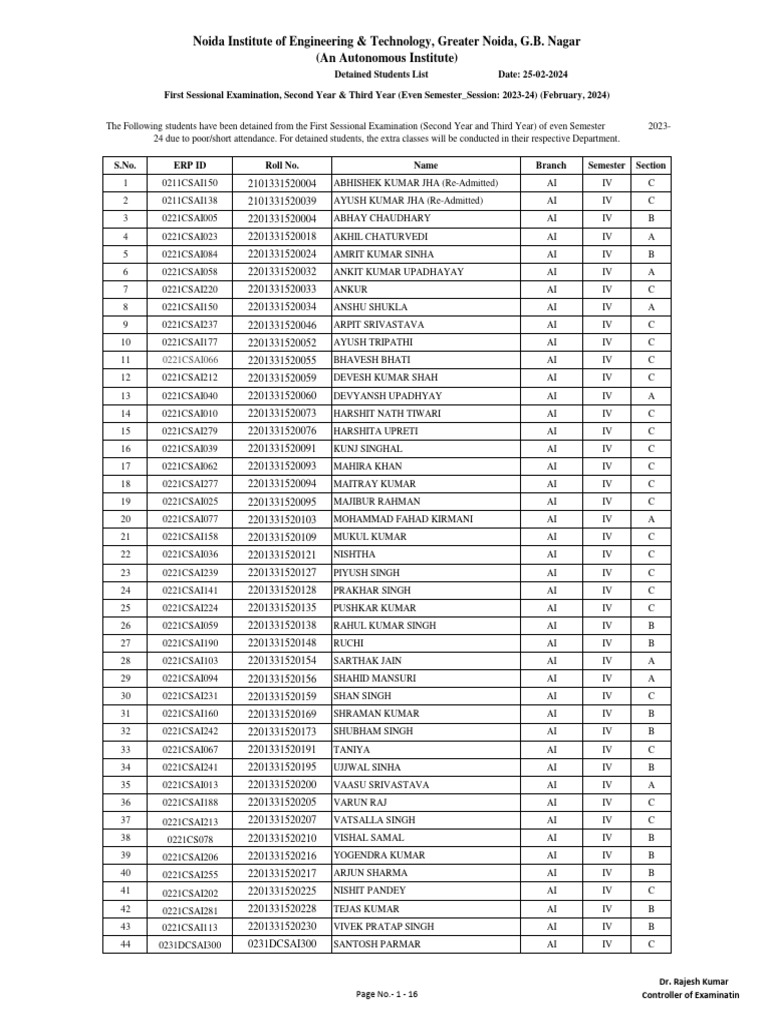 Detained List For First Sessional Exam 2023-24 (Even Sem) | PDF