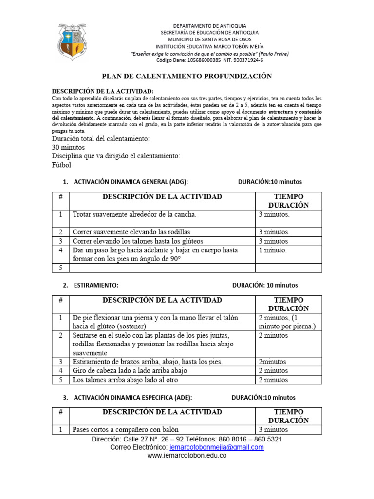 Formato Plan de Calentamiento | PDF