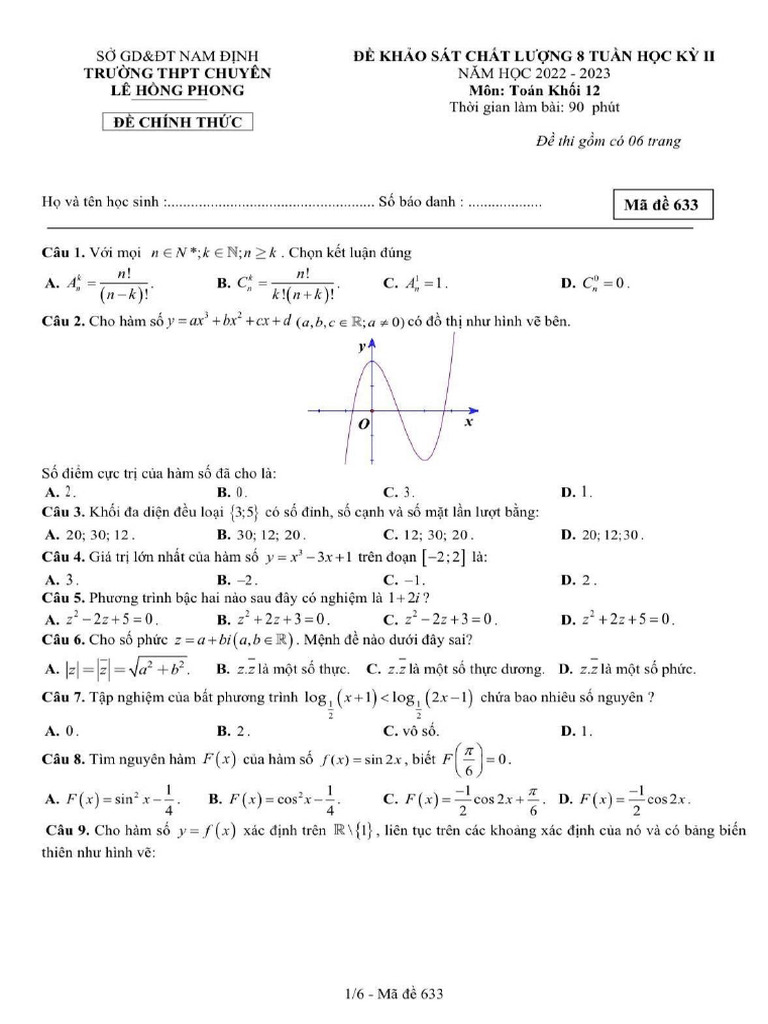 De Giua Ky 2 Toan 12 Nam 2022 2023 Truong Chuyen Le Hong Phong Nam Dinh | PDF