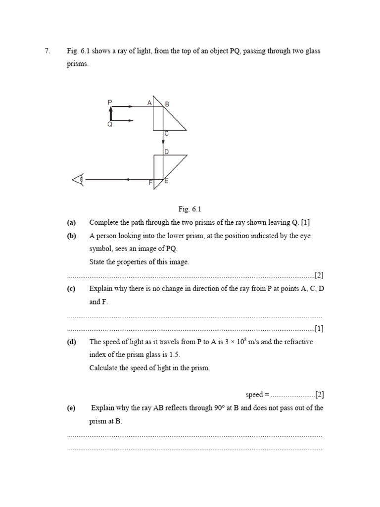 Questions On Total Internal Reflection Pdf Refraction Physics