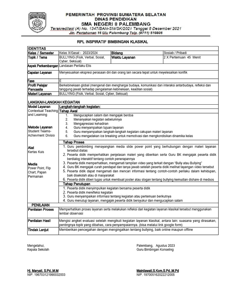RPL Inspiratif Bimbingan Klasikal (Bullying) | PDF