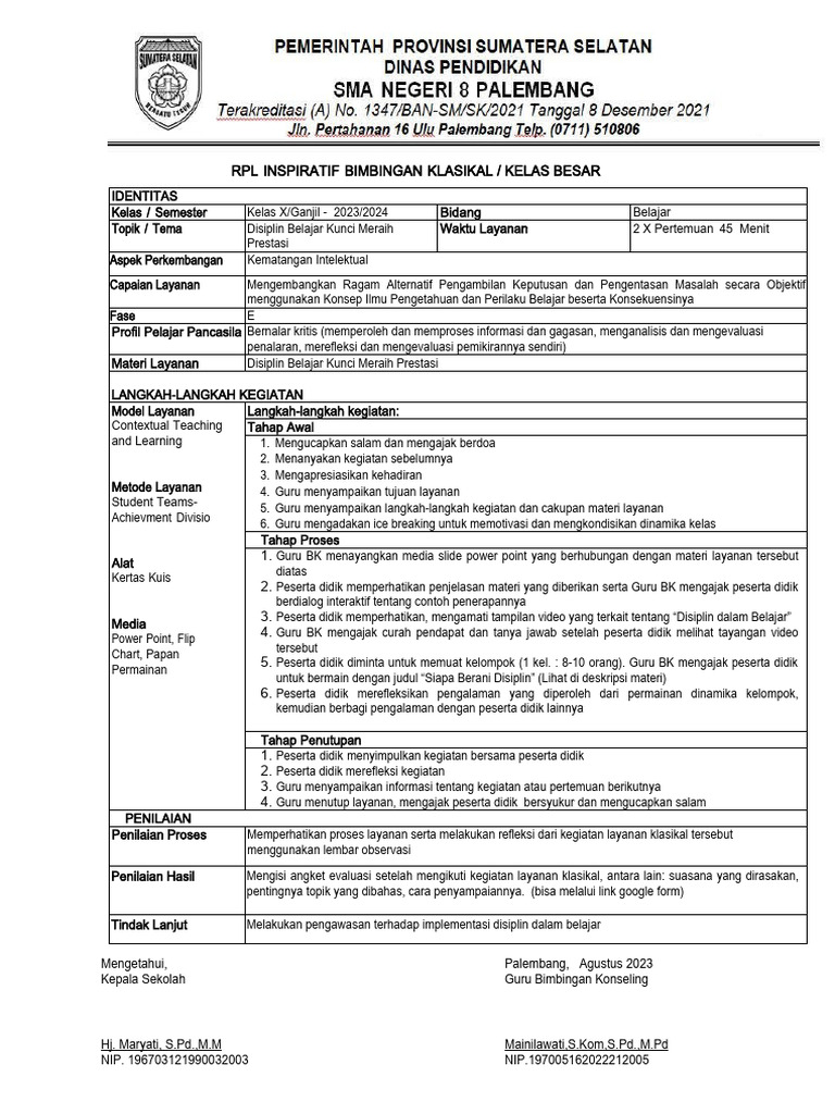 RPL INSPIRATIF BIMBINGAN KLASIKAL (Disiplin Belajar Kunci Meraih ...