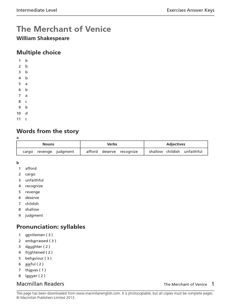 The Merchant of Venice Exercises Answer Keys | PDF | Syntax | Human ...