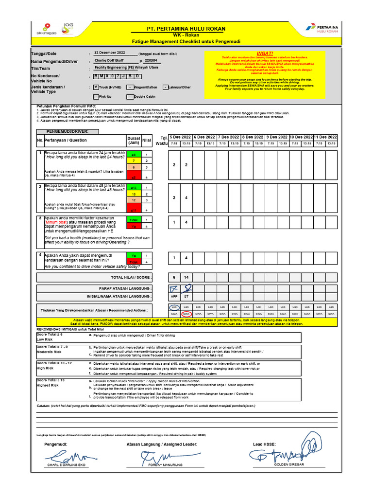 FMC (Fatigue Management Checklist) | PDF