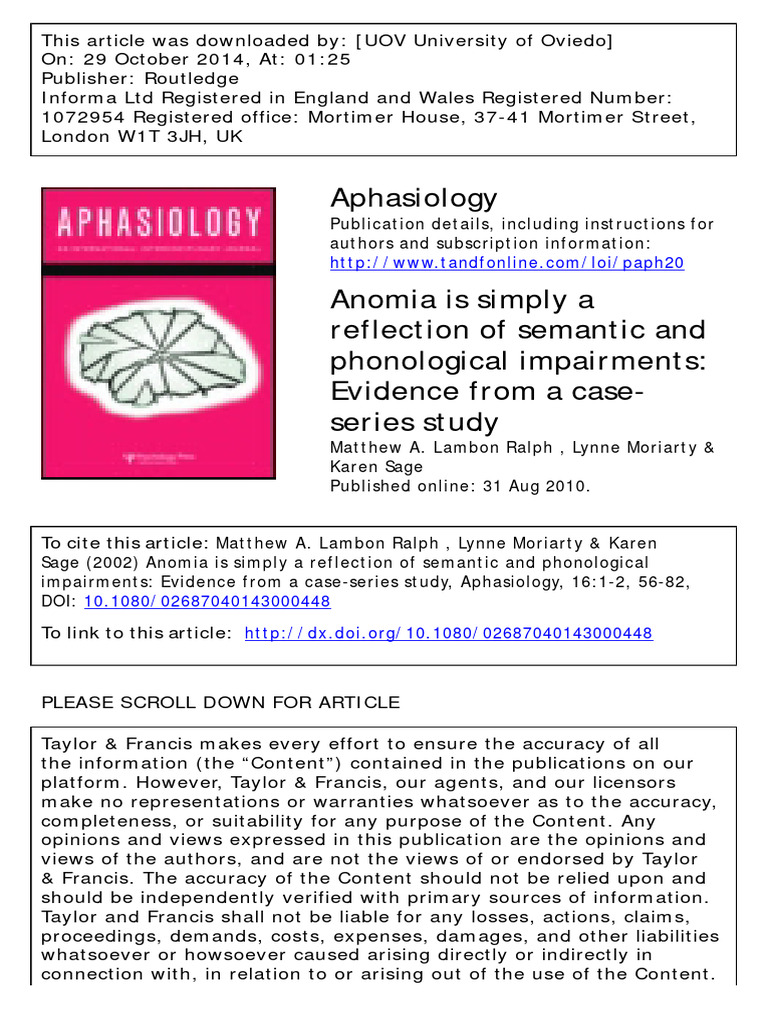 Lambon Et Al. 2002 Anomia | PDF | Aphasia | Dyslexia