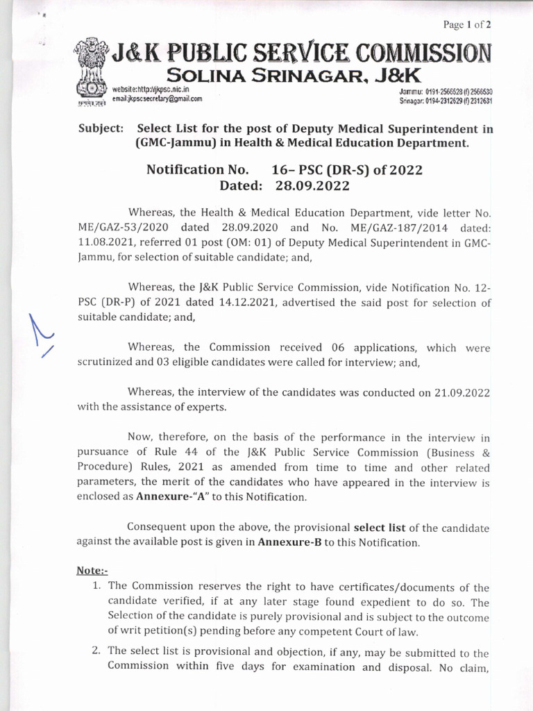 Selection List For The Post of Deputy Medical Superintendent (GMC Jammu ...
