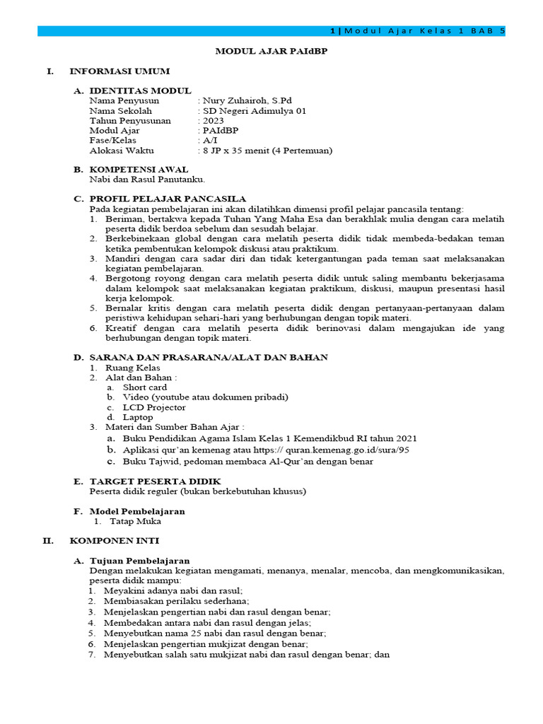 Modul Ajar PAI BP Kelas 1 Bab 5 | PDF