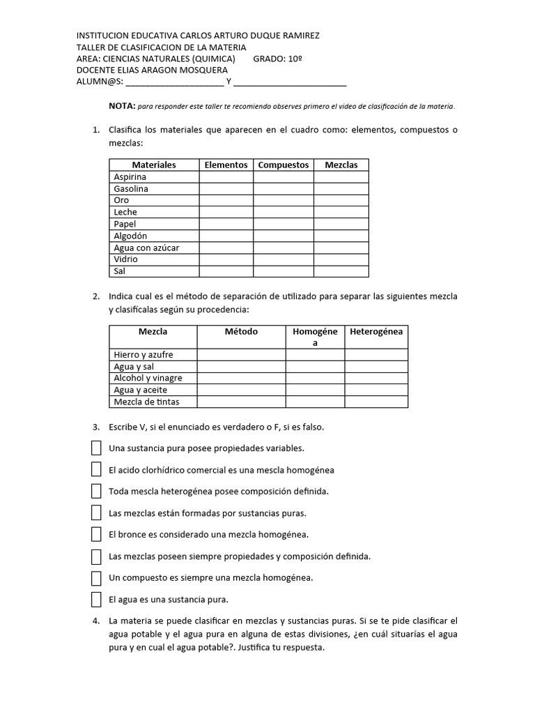 Clasificacion de La Materia Taller | PDF