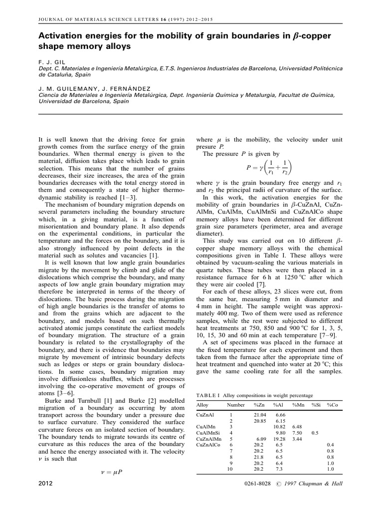 Activation energies for the mobility of grain boundaries in β-copper shape memory alloys | PDF ...