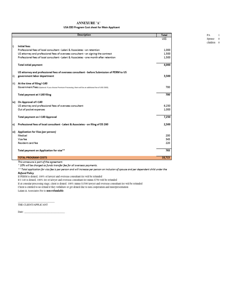 New Cost Sheet EB3 - Applicable From January 2024 Onwards | PDF | Fee | Visa Inc.