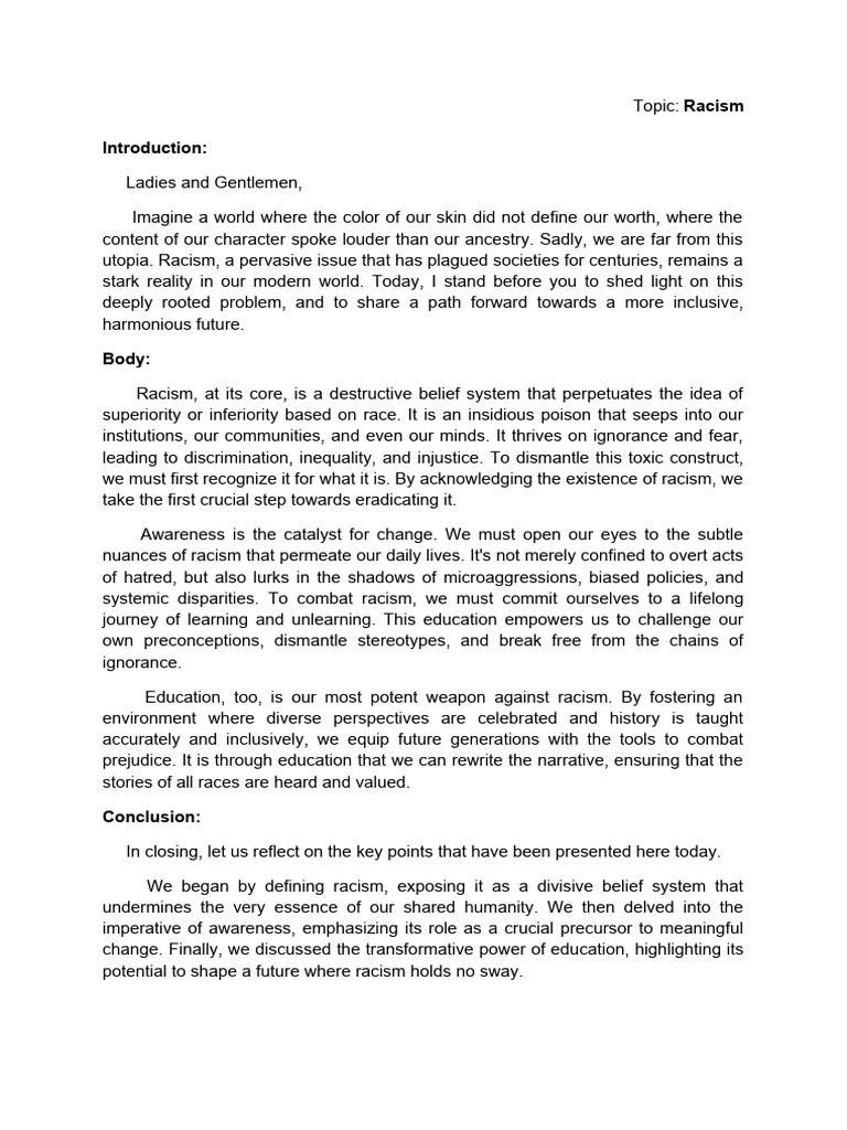 Speech About Racism | PDF | Racism | Discrimination & Race Relations