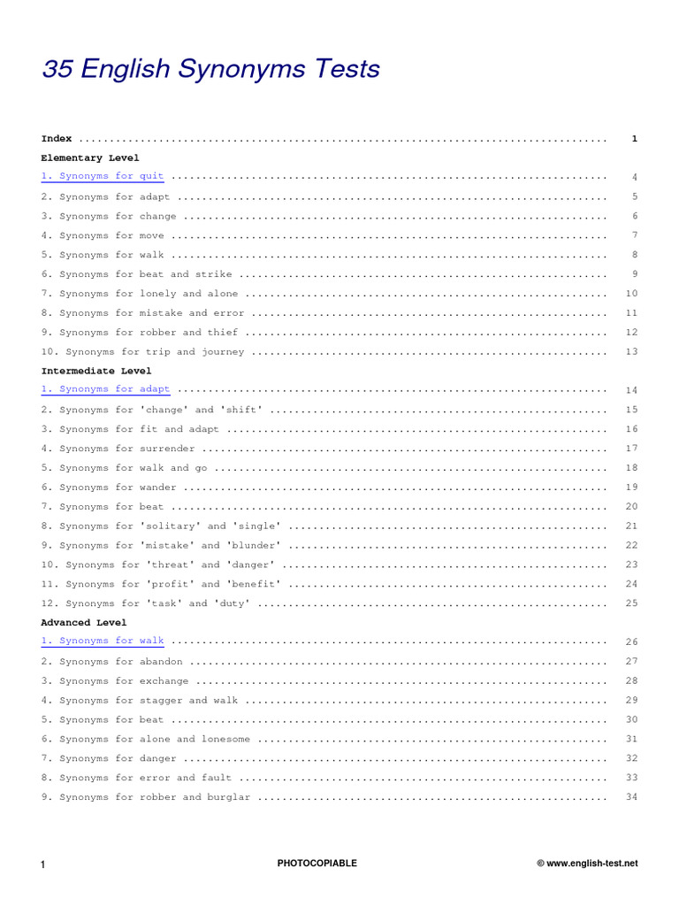 English Synonyms Tests Overview | PDF