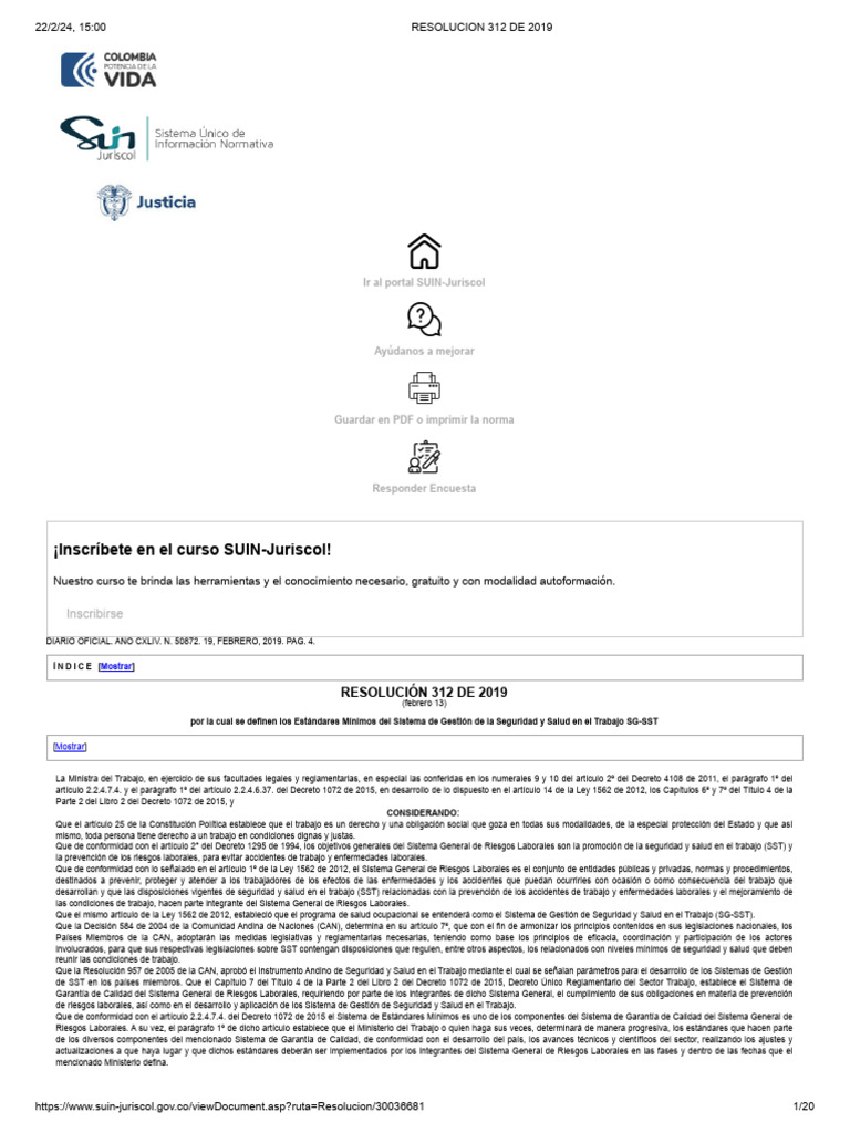 Resolucion 312 de 2019 Estandares Minimos Del SG-SST | PDF | Seguridad y salud ocupacional ...