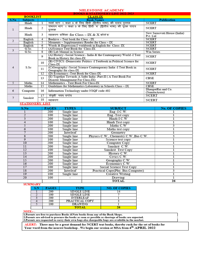 Class - Ix Book List (2022-23) | PDF | Science