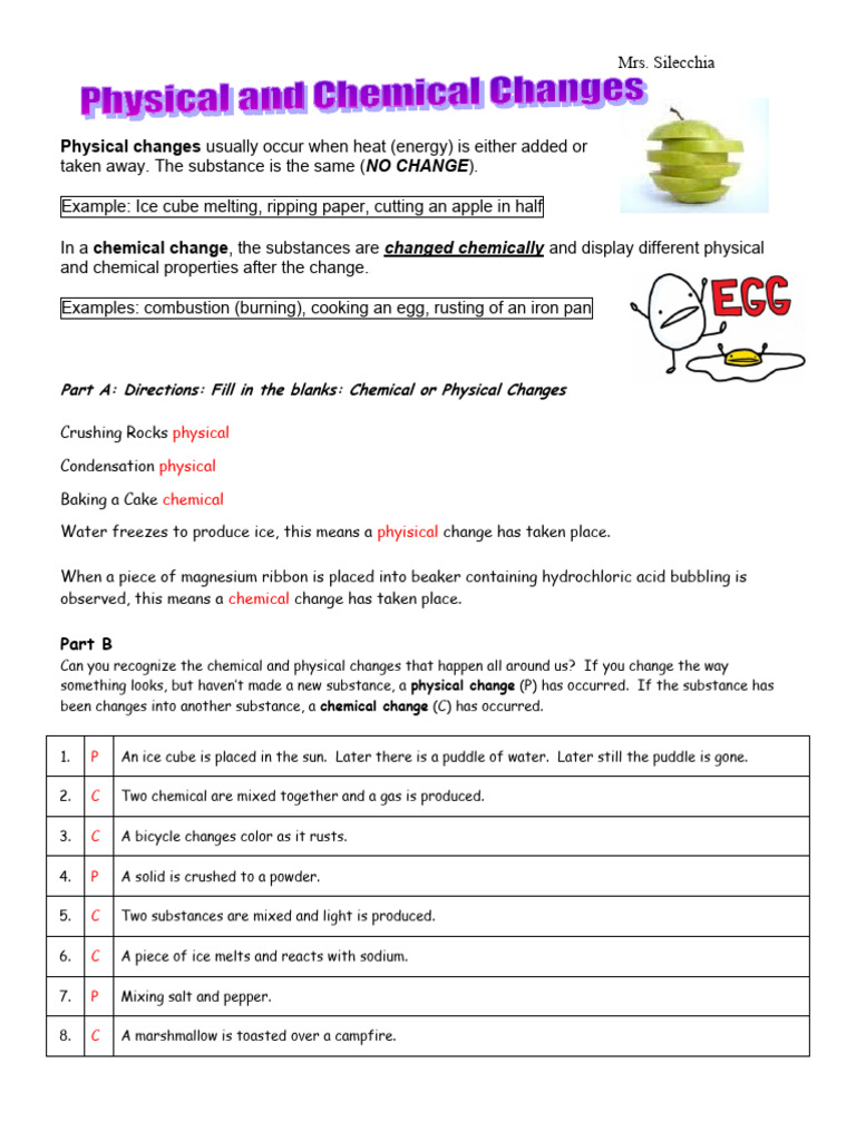 Physicaland Chemical Changes Worksheet | PDF