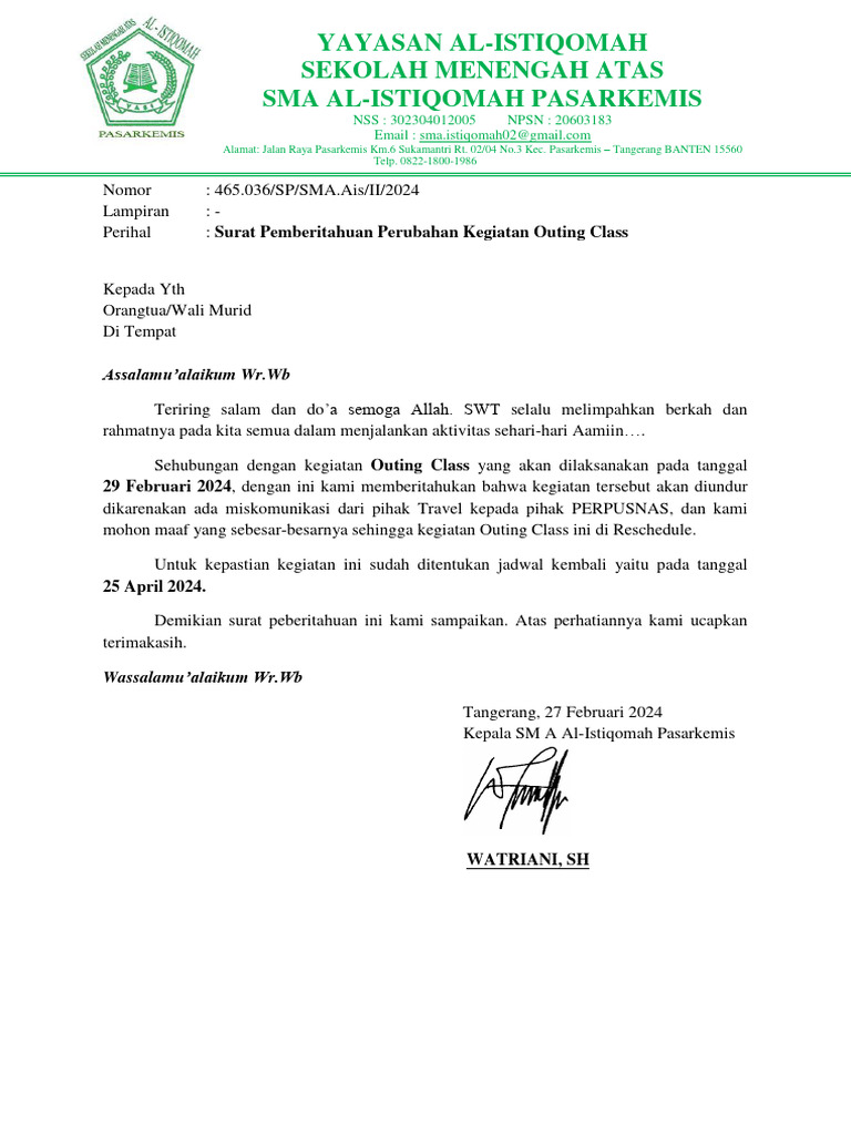 Surat Pemberitahuan Reschedule Kegiatan Outing Class SMA | PDF