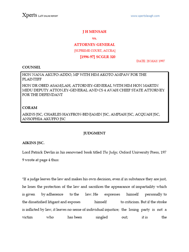 J.H. Mensah v. Attorney-General Case Summary | PDF | Article One Of The ...