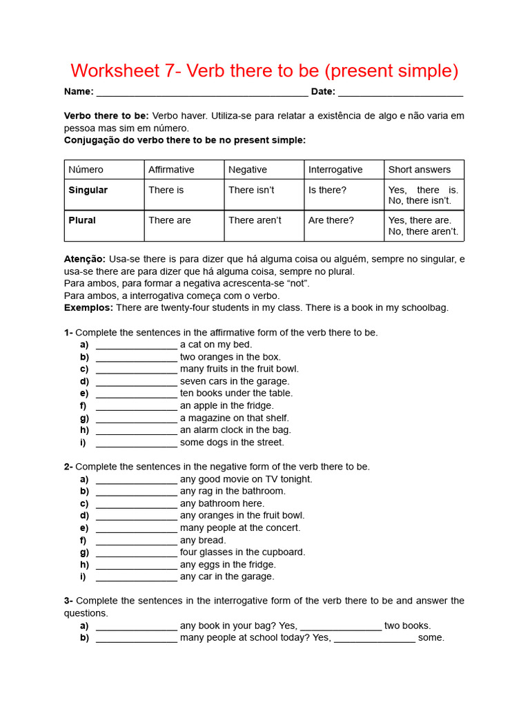 Worksheet 7 - Verb There To Be (Present Simple) | PDF