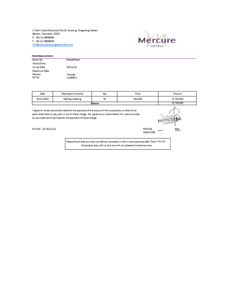 Mercure Hotel Proforma Invoice Details | PDF