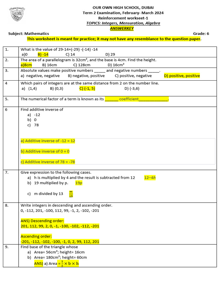 Grade 6 Math Practice Worksheet | PDF | Area | Equations
