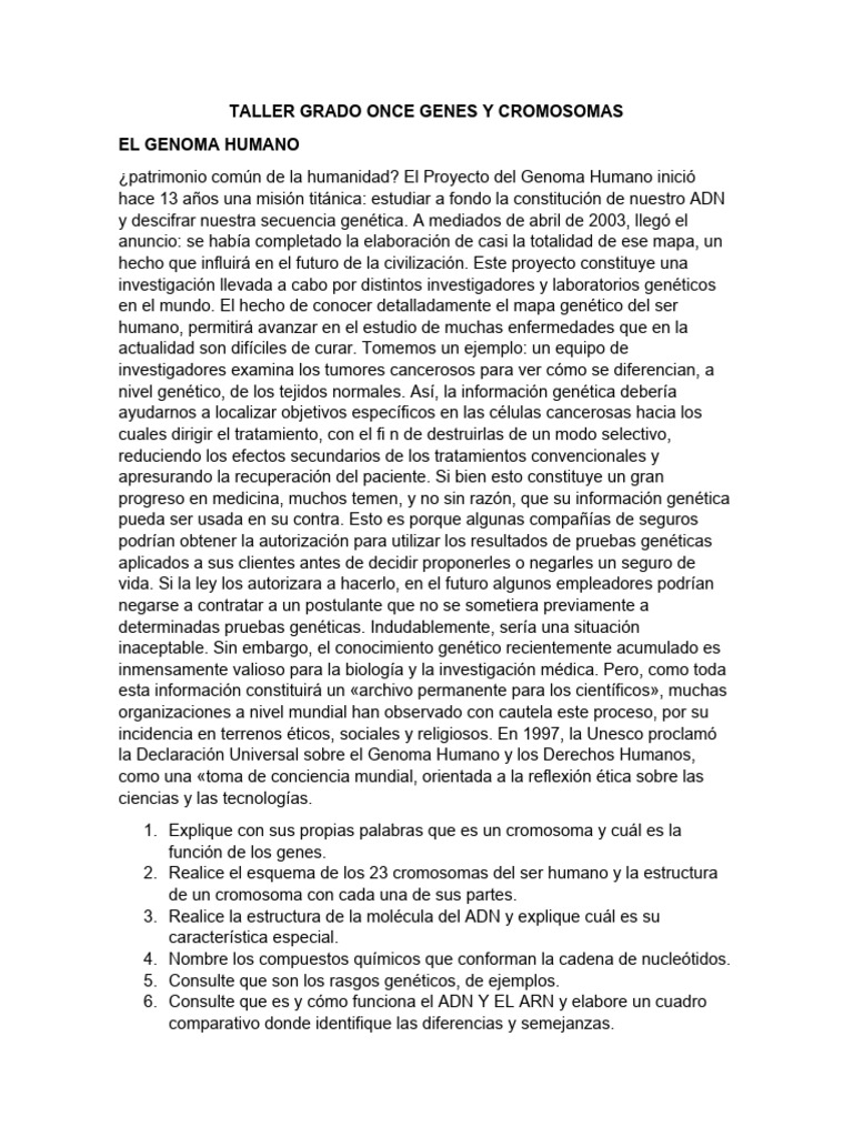 Taller Grado Once Genes y Cromosomas | Descargar gratis PDF | Genética ...