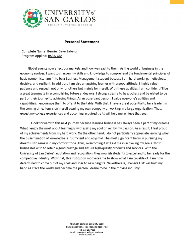 Personal Statement - Berniel Dave Sabejon | PDF | Knowledge | Learning