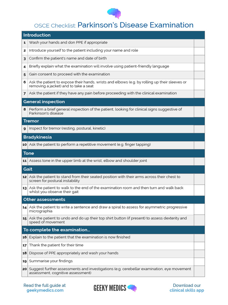 OSCE Checklist Parkinsons Disease Examination | PDF