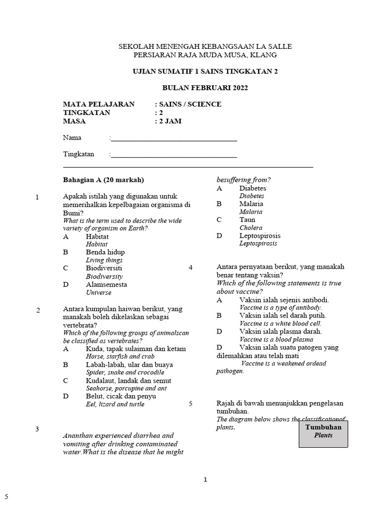 Ujian Sumatif 1 SC F2 2022 | PDF