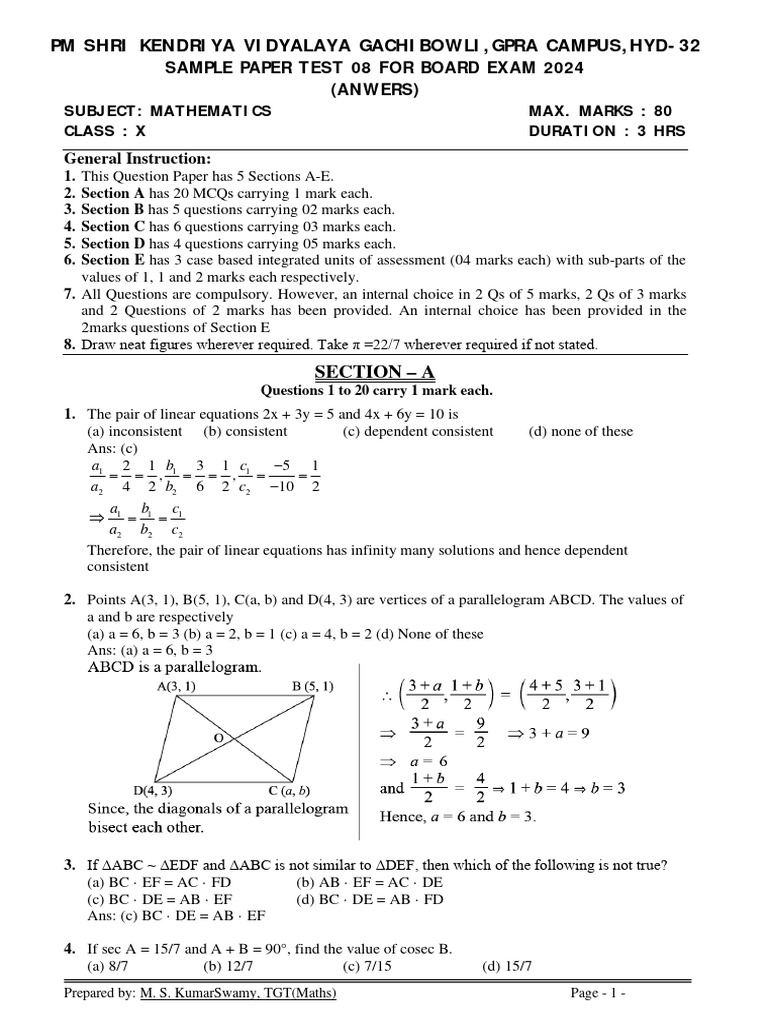 Maths Class X Sample Paper Test 08 For Board Exam 2024 Answers ...