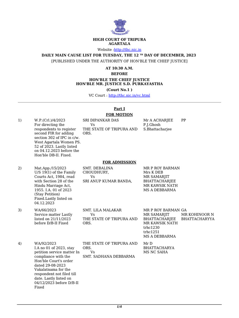 High Court of Tripura Agartala Daily Main Cause List For Tuesday, The 12 Day of December, 2023 ...
