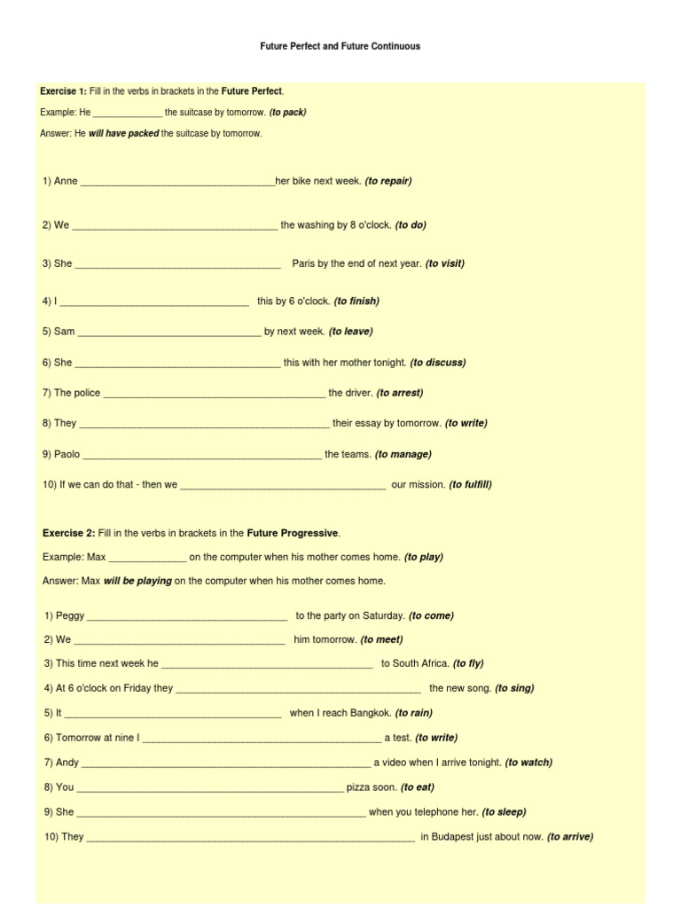 Future Perfect and Continuous Exercises | PDF | Language Arts & Discipline