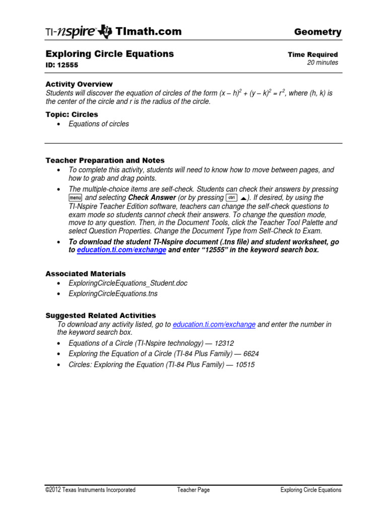 Exploring Circle Equations Activity | PDF | Circle | Equations