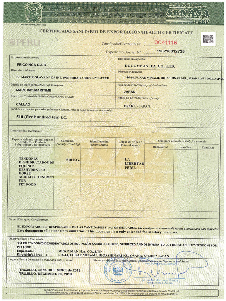 Certificado Sanitario de Exportacion de 510 KG | PDF