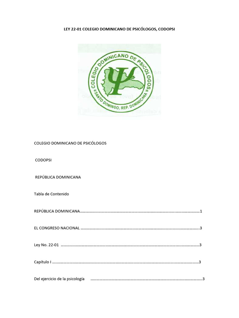 Ley 22 01 Colegio Dominicano de Psicologos Codopsi 1 | PDF ...